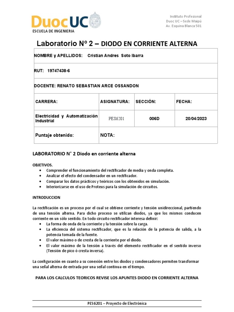 Laboratorio N°2 Diodo Ac | PDF | Rectificador | Corriente eléctrica
