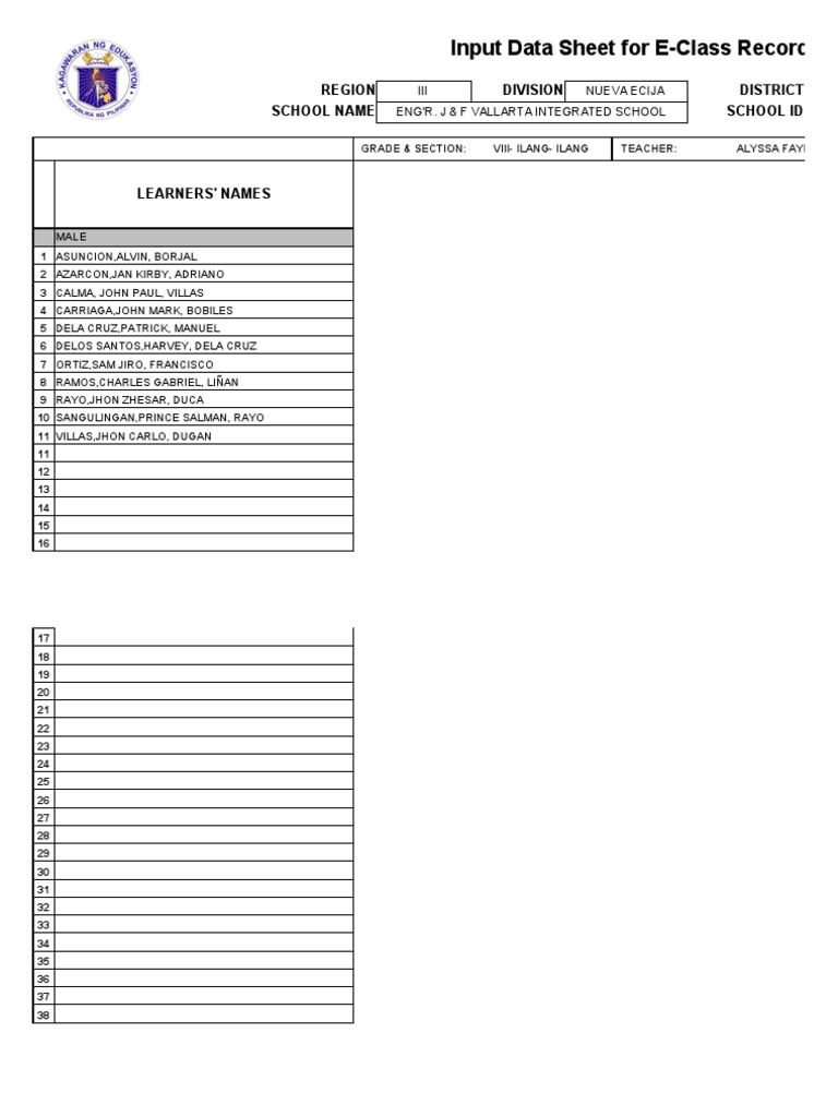 Input Data Sheet For E-Class Record: Region Division District School Name School Id | PDF