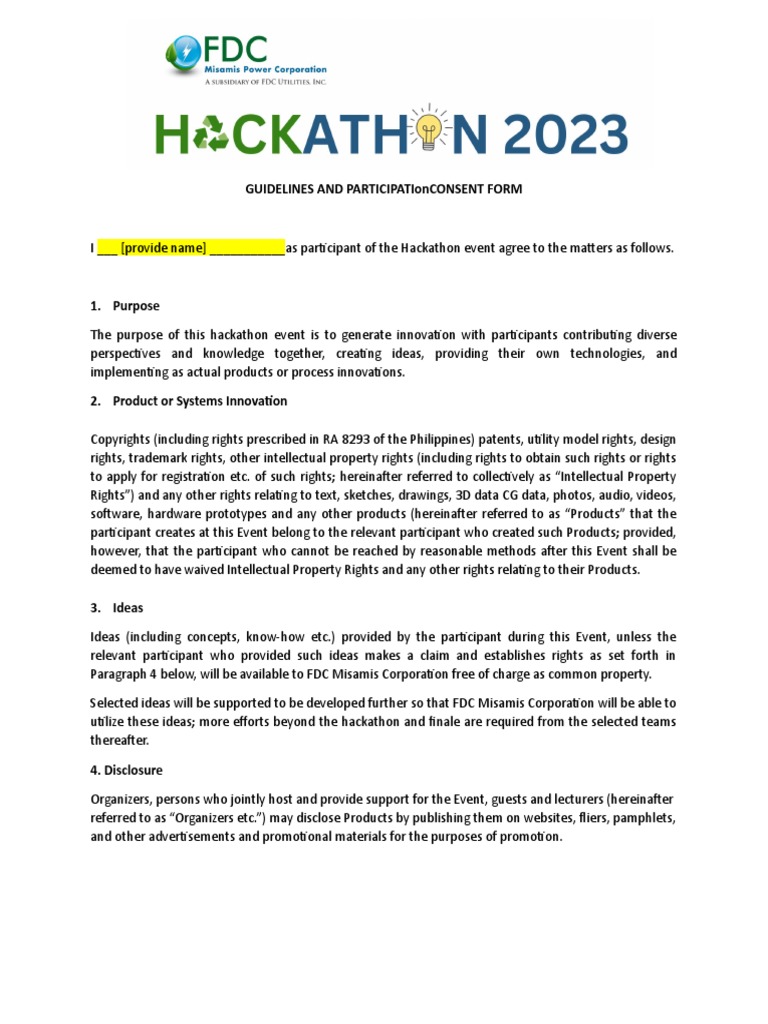 2023 Hackathon General Guidelines And Participant Consent Form Pdf Intellectual Property