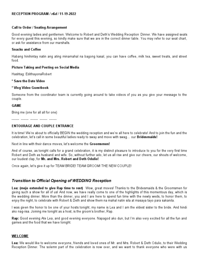 Reception Program | PDF | Wedding | Marriage