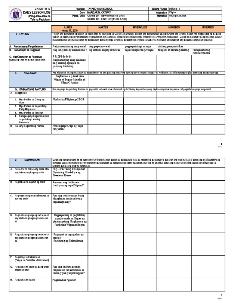 DO 42 S2016-Filipino 10-DLL 2022-2023 | PDF