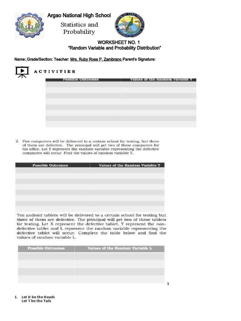 Worksheet No. 1-Random Variable | Download Free PDF | Probability ...