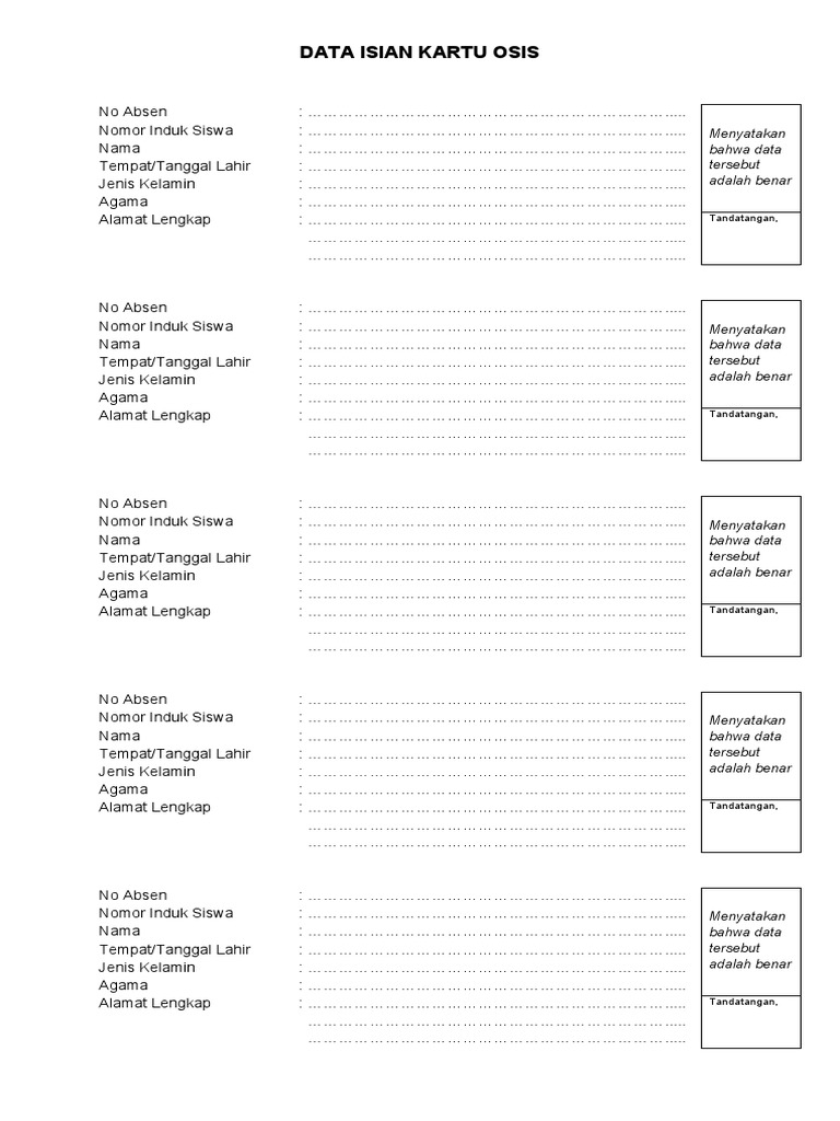 Data Isian Kartu Osis | PDF