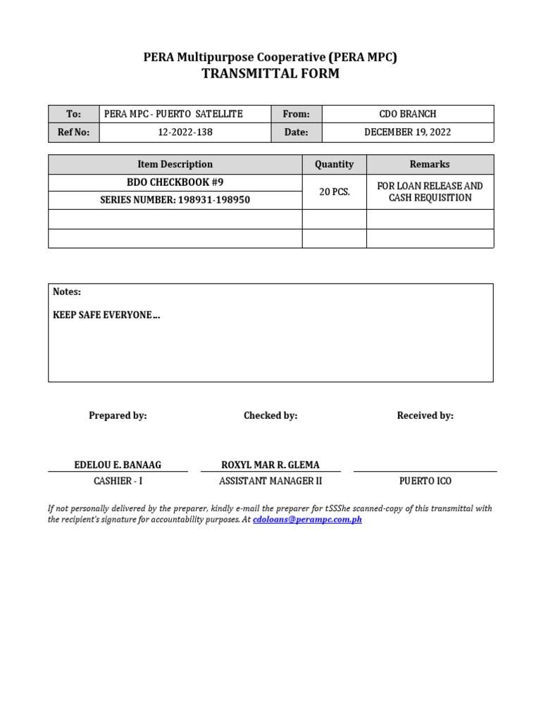Transmittal Form: PERA Multipurpose Cooperative (PERA MPC) | PDF