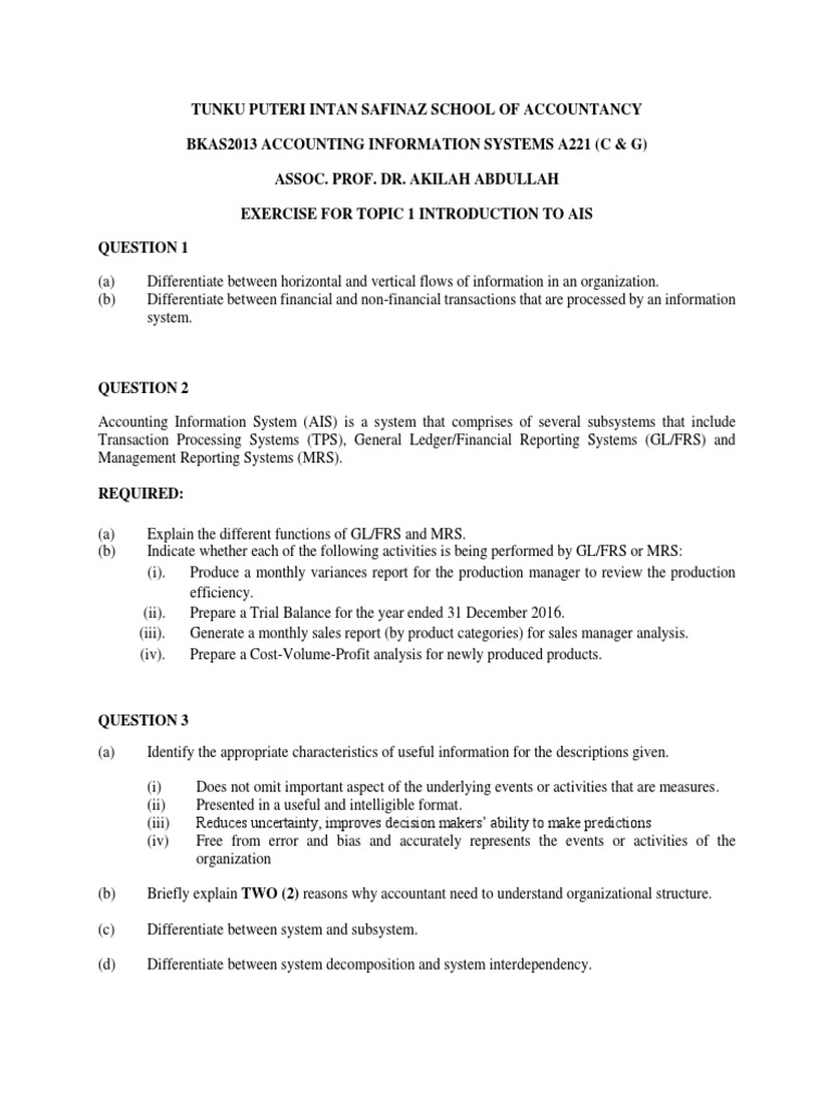 Exercise For Topic 1 Introduction To Ais A221 Pdf