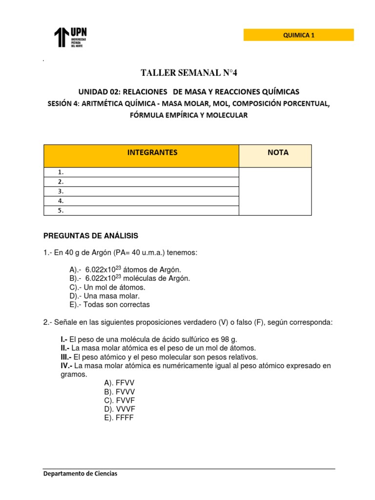 4.-Taller Grupal Semanal 4 | PDF | Mole (Unidad) | Química