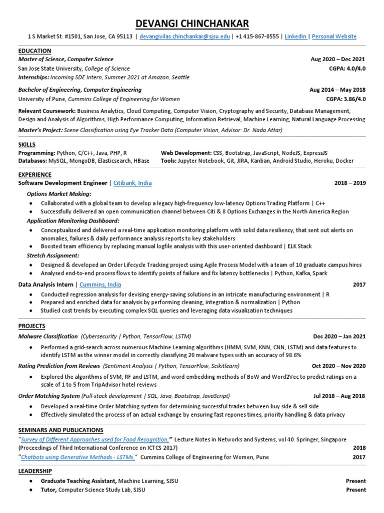 Resume Devangi Chinchankar | PDF | Machine Learning | Support Vector ...