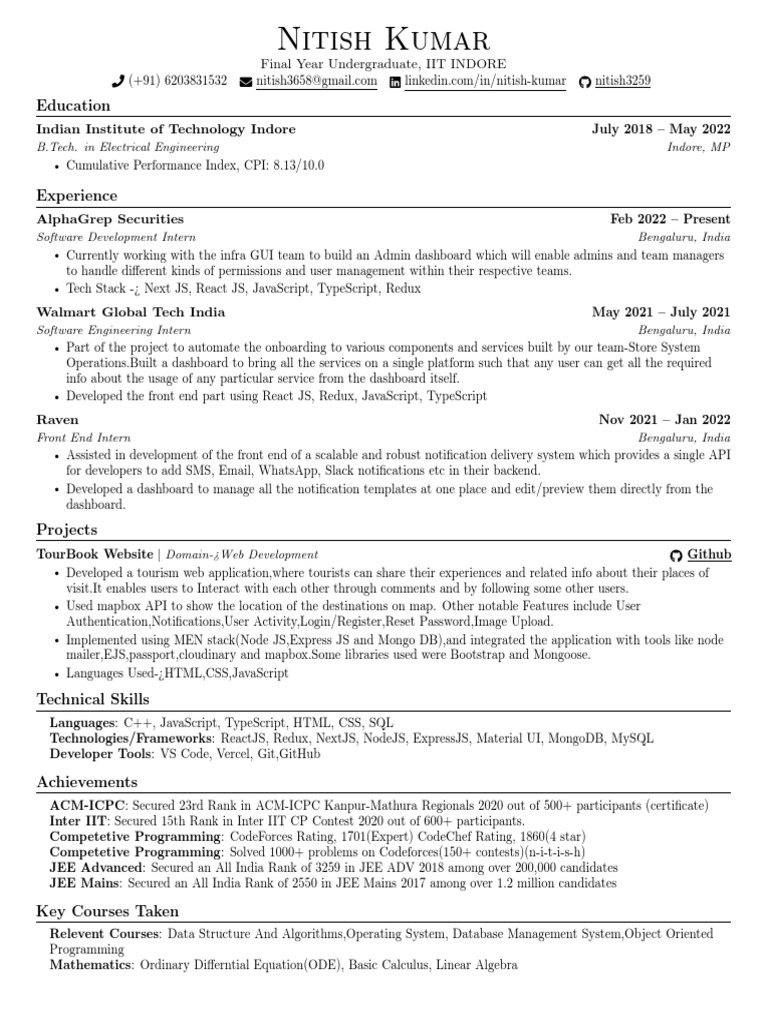 Nitish Kumar: IIT Indore Grad & Software Intern | PDF | Systems Engineering | Computer Engineering