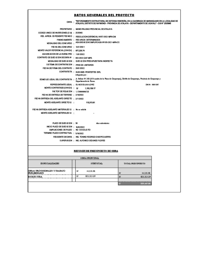 Resumen de datos generales y avance de obra del proyecto de ...