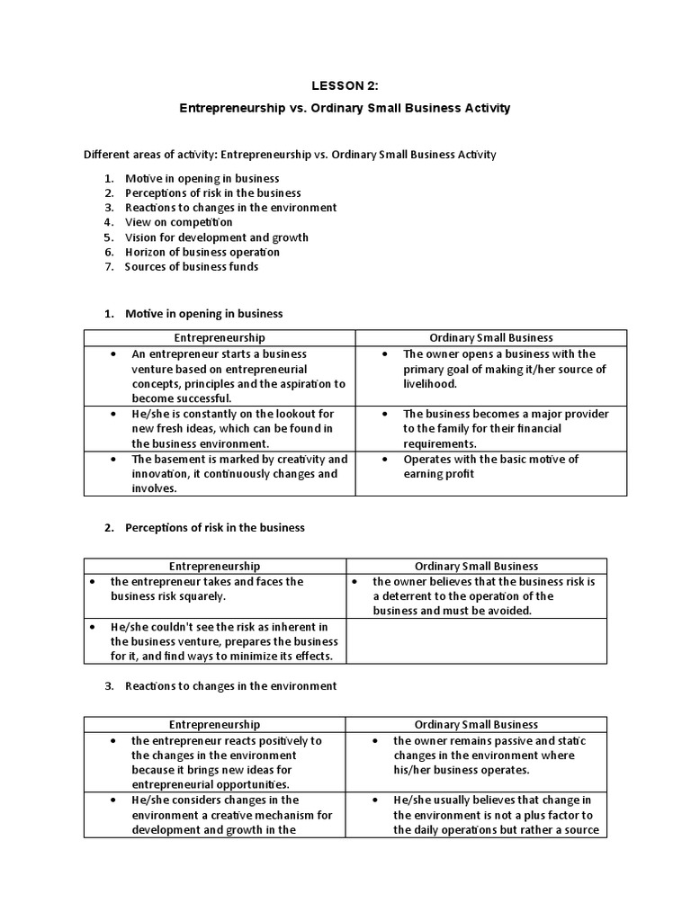 Entrepreneurship vs Ordinary Small Business Activity | PDF ...