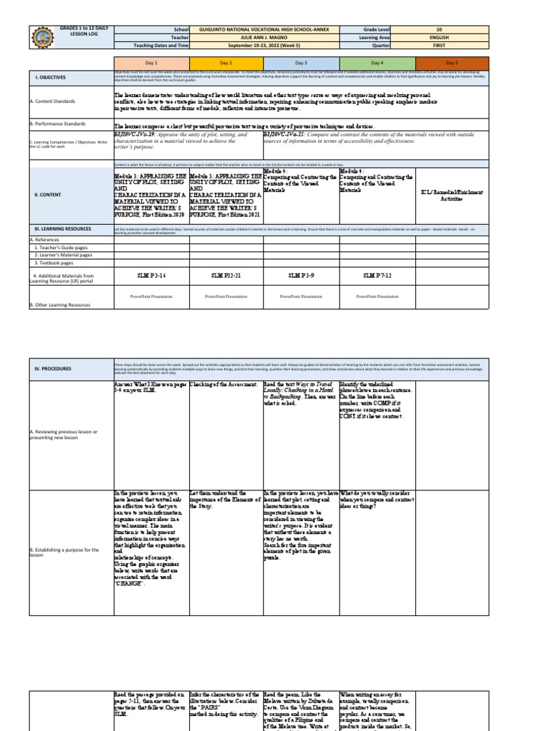 En10Vc-Ivc-29: Appraise The Unity of Plot, Setting, and En10Vc-Iva-15 ...