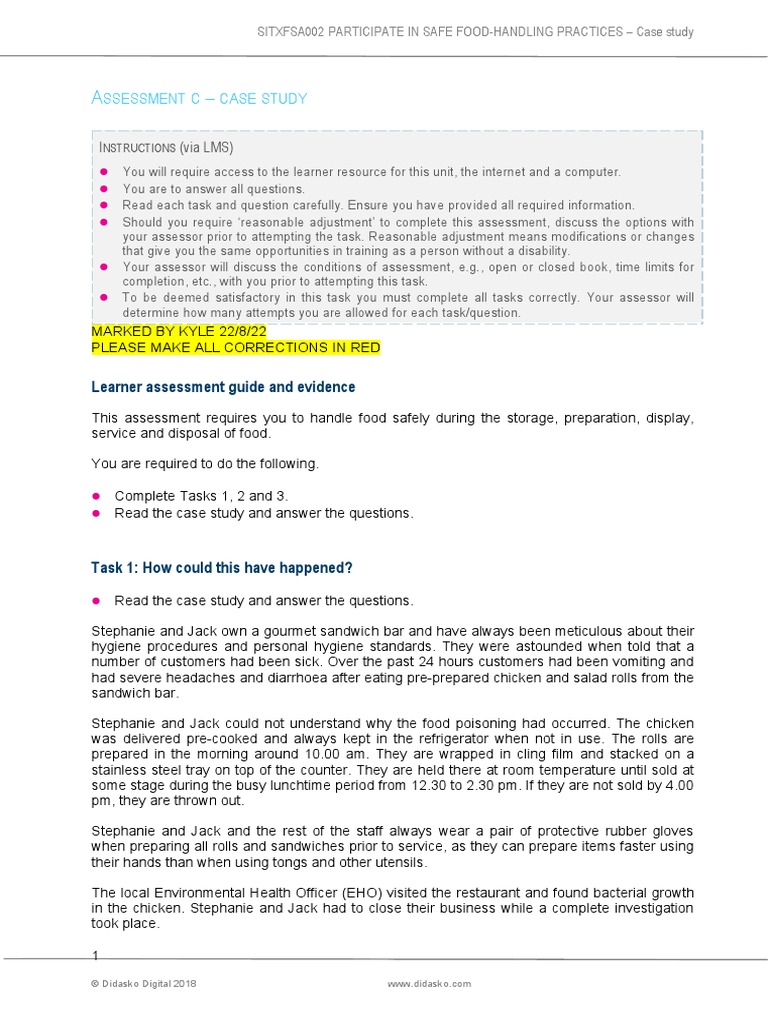 SITXFSA002 - Assessment C - Case-Study - V2-1 | PDF | Food Safety | Thermometer
