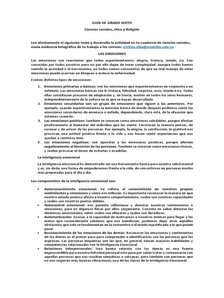 Guía 4 Las Emociones Grado Sexto Virtual Pdf Las Emociones