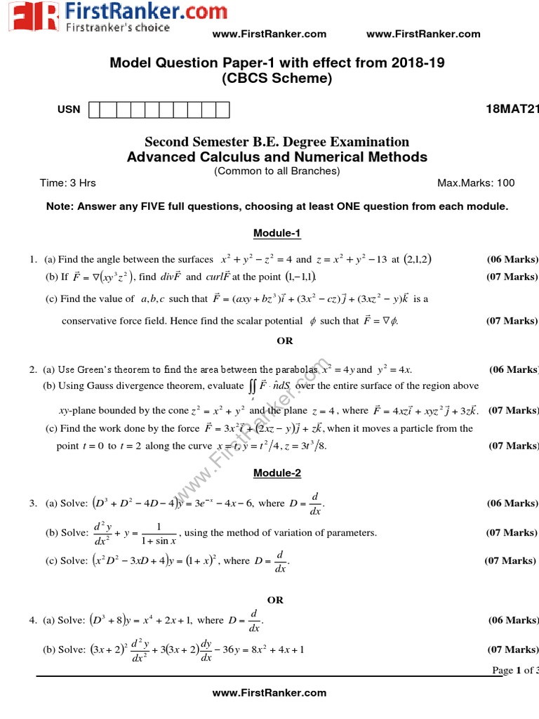 VTU - B Tech - 18mat21 Advanced Calculus and Numerical Methods - FirstRanker - Com 2 | PDF ...