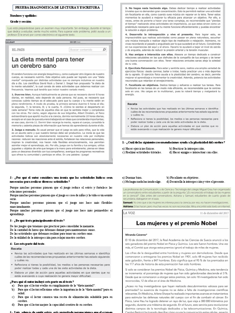 Prueba Diagnóstica de Lectura Y Escritura: Nombres y Apellidos: Grado y ...