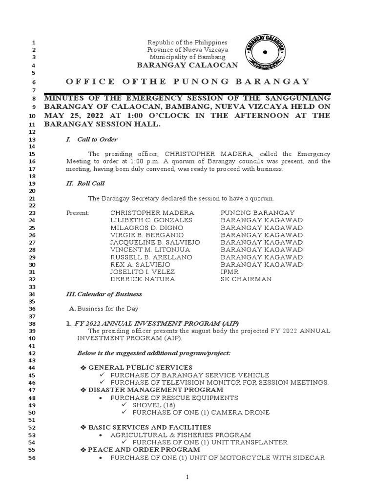 Minutes of the Emergency Session of the Sangguniang Barangay of ...
