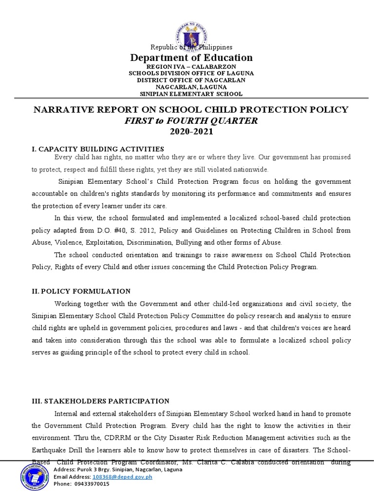 Sinipian Elementary Child Protection Report | PDF | Child Protection ...
