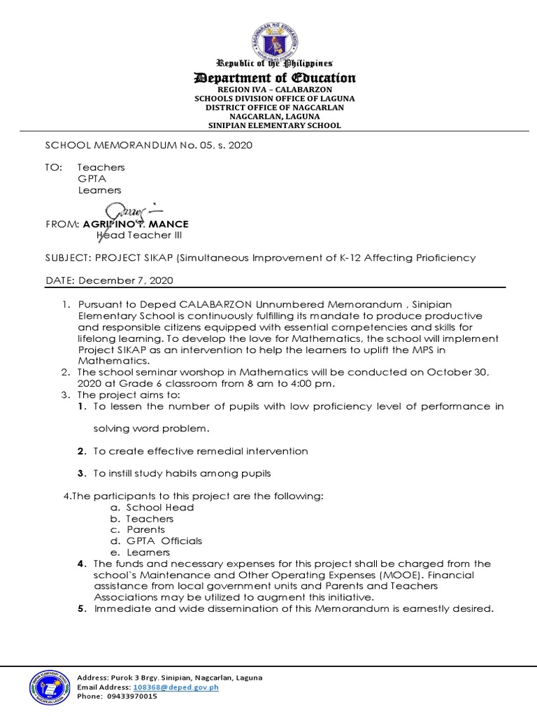 Project SIKAP School Memo | PDF | Social Science | Wellness