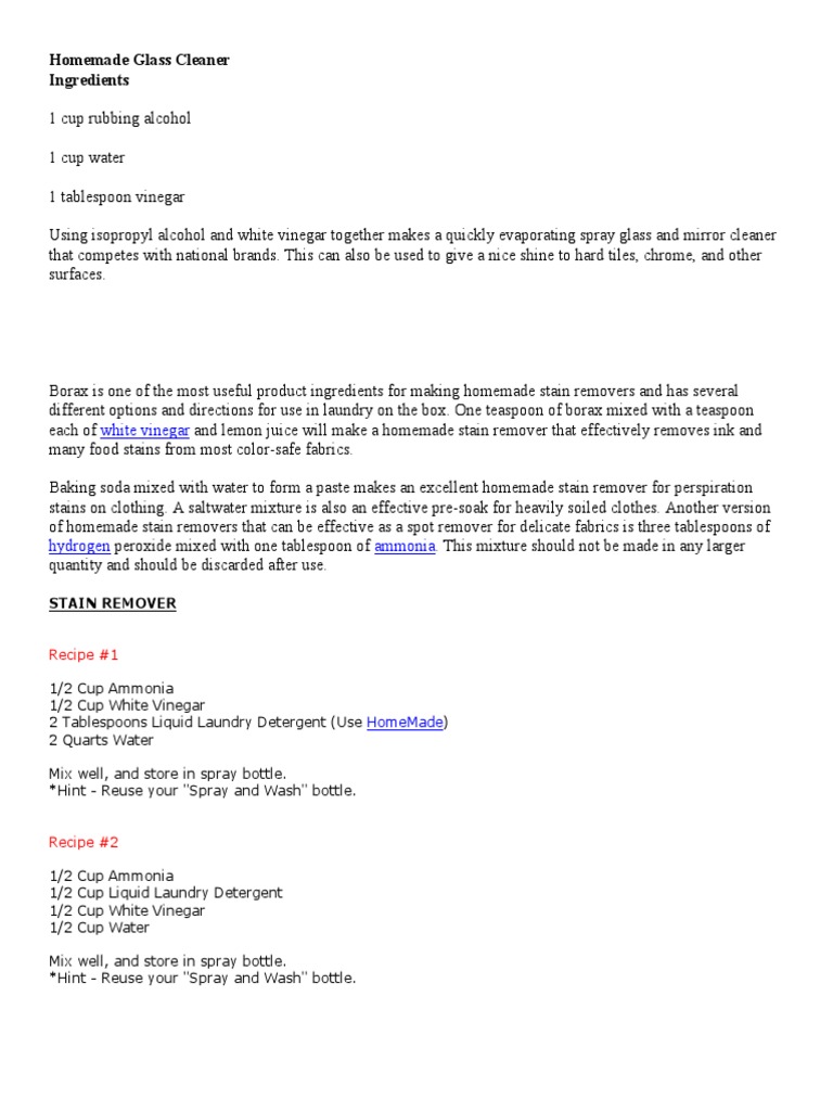 Homemade Glass Cleaner Ingredients: White Vinegar | PDF