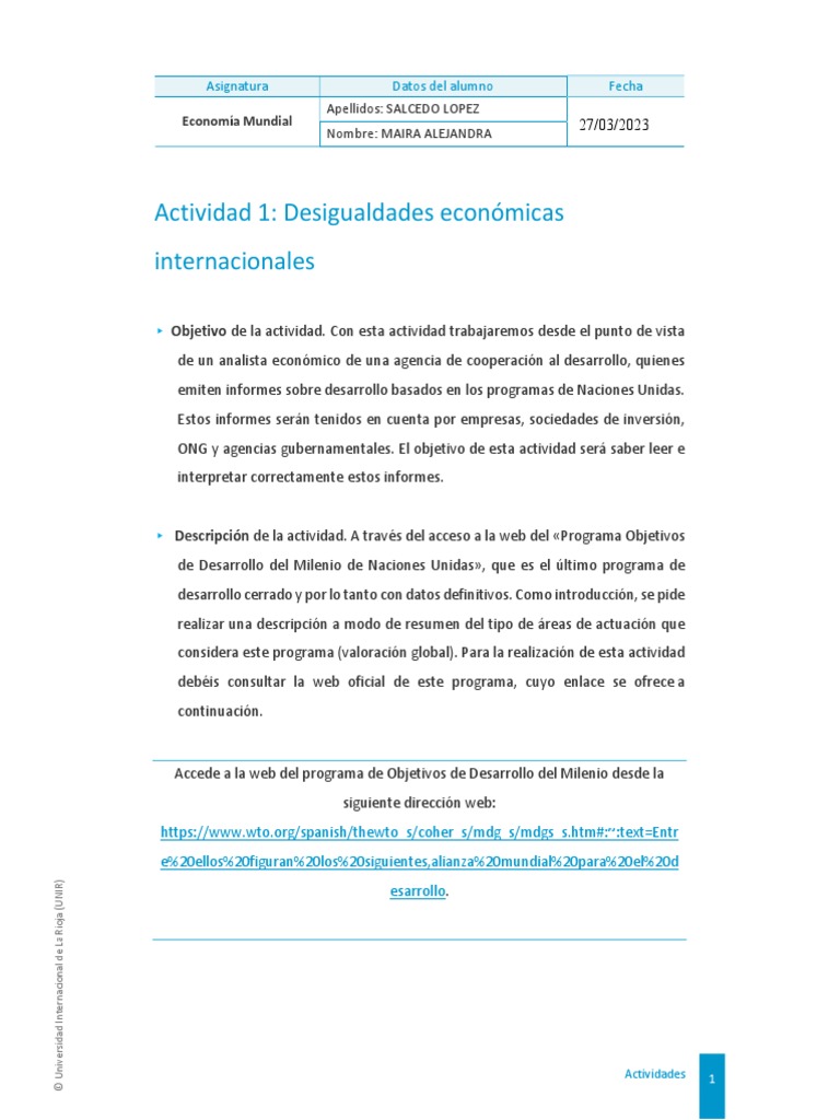 Actividad 1. Desigualdades Económicas Internacionales | PDF | Pobreza | Pobreza e indigencia