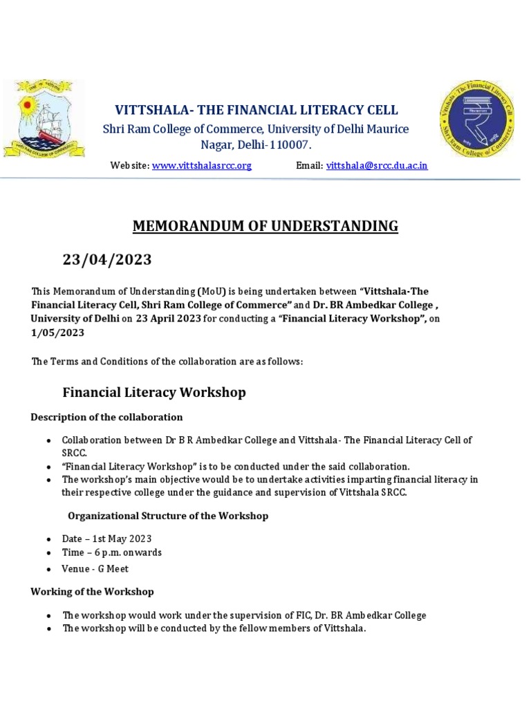 Memorandum of Understanding for a Financial Literacy Workshop Collaboration Between Vittshala ...