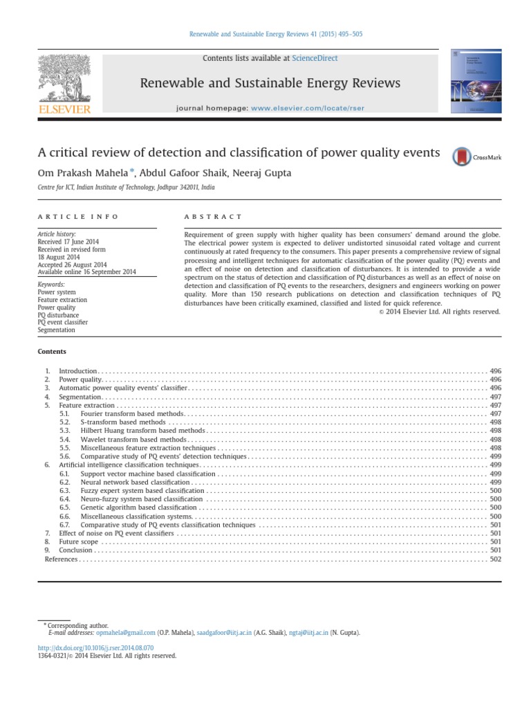2015 - A Critical Review of Detection and Classification of Power Quality Events | PDF