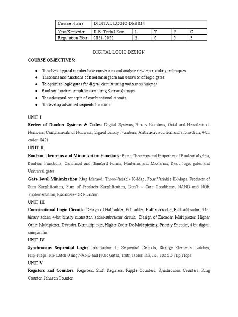 Digital Logic Design Course Objectives and Units | PDF | Logic Gate | Logic Synthesis
