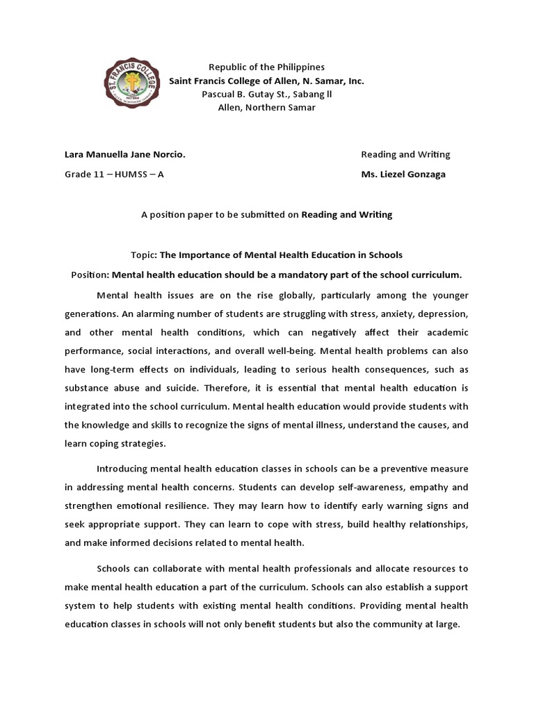 Position Paper Final | PDF | Mental Health | Health Education
