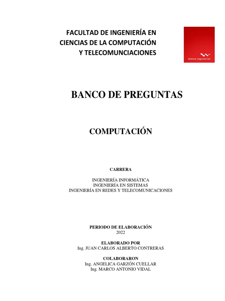 Banco de Preguntas: Facultad de Ingeniería en Ciencias de La Computación Y Telecomunciaciones ...
