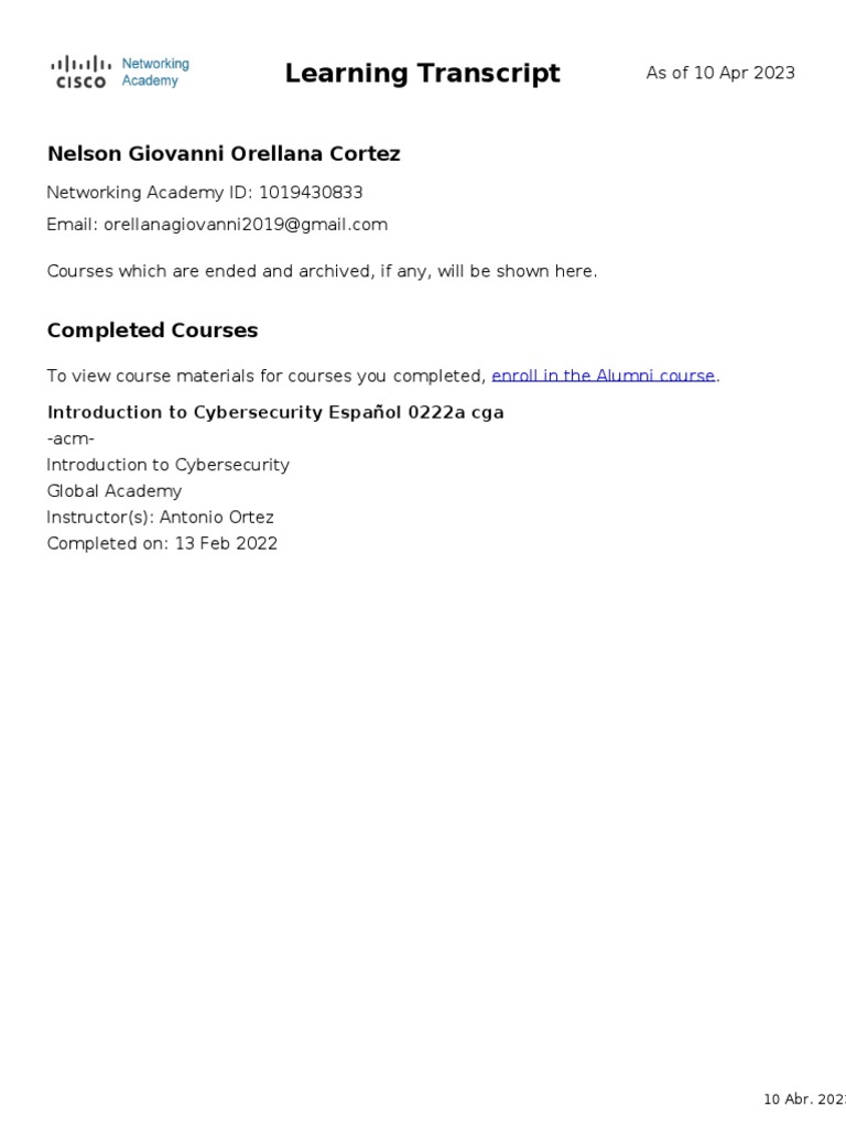 Learning Transcript: Nelson Giovanni Orellana Cortez | PDF