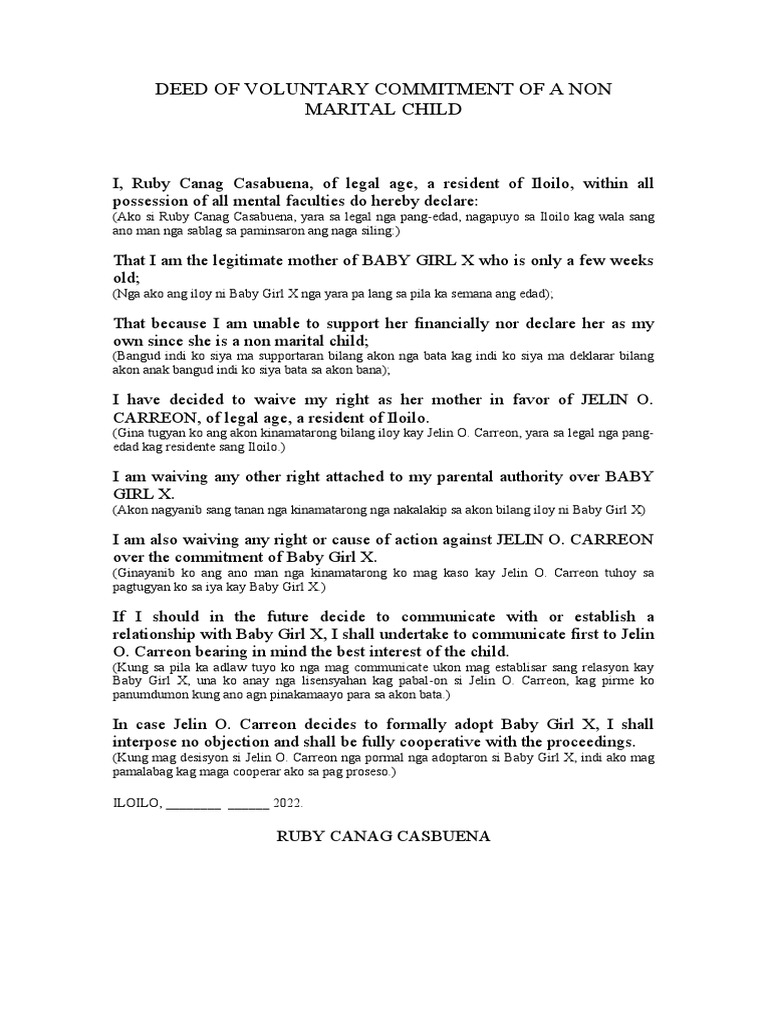 Baby Girl X - Deed of Voluntary Commitment | PDF