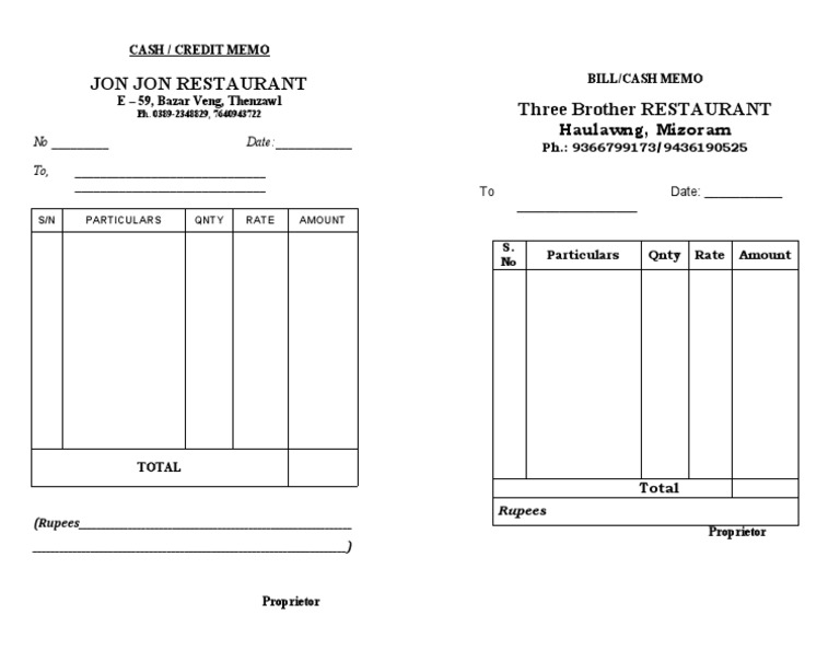 Restaurant Cash Memo Format | PDF