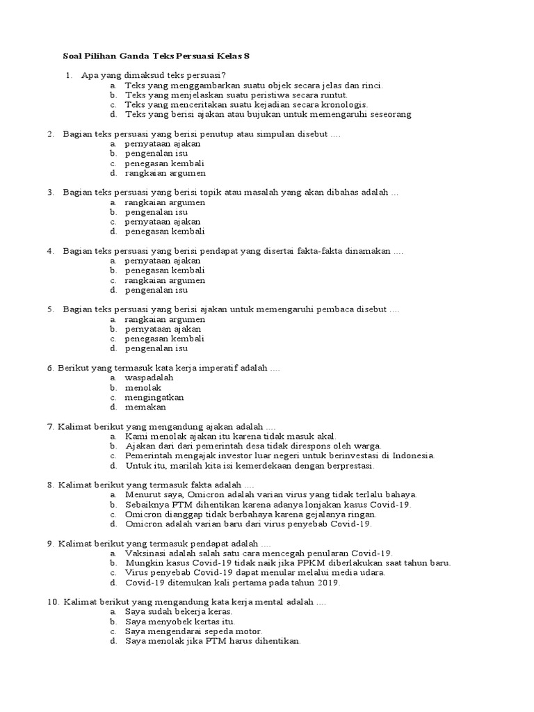 Soal Pilihan Ganda Teks Persuasi Kelas 8 | PDF