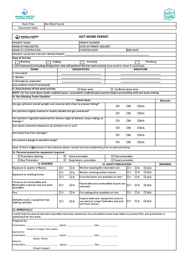 MW-OPS-SP-3.6.14F1 Hot Work Permit Form | PDF | Welding | Construction