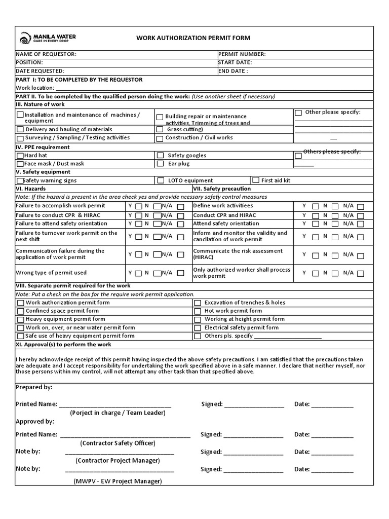 MW-OPS-SP-3.6.13F1 Work Authorization Permit Form | PDF | High Voltage ...