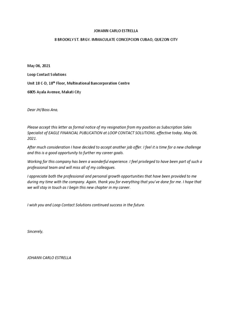 Resignation Letter | PDF
