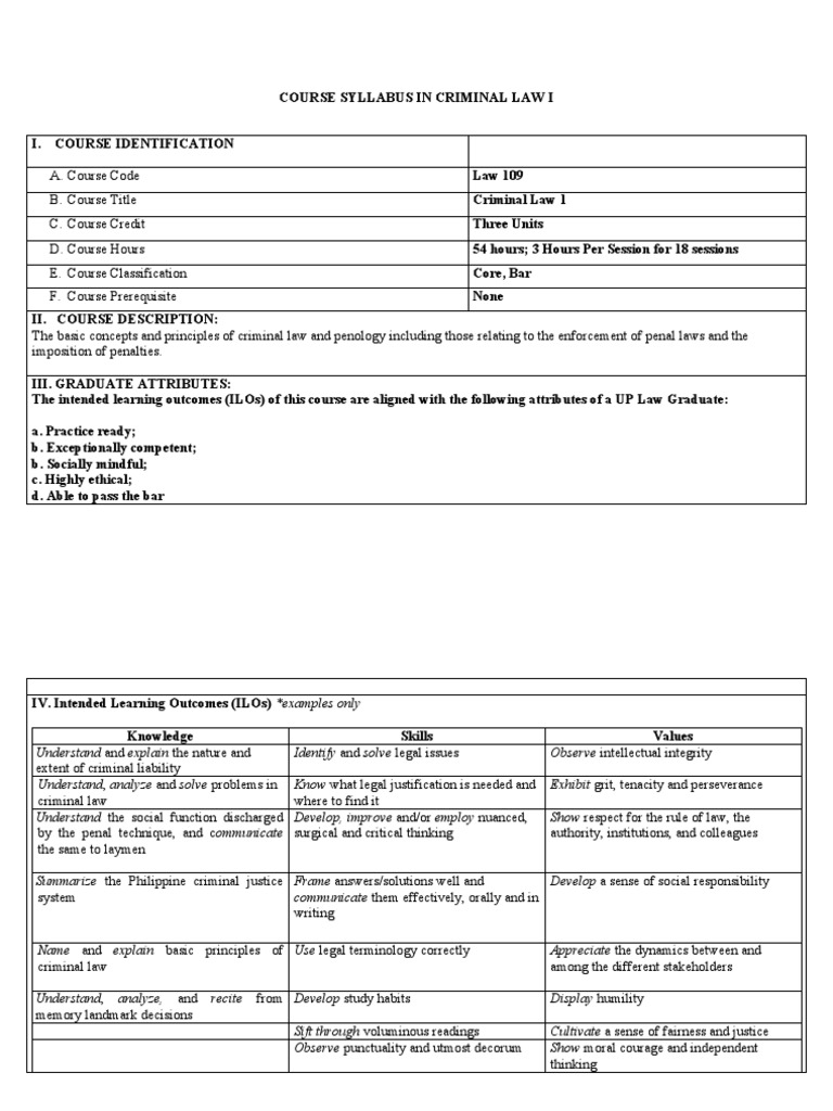 Criminal Law 1 OBEDIZED Syllabus.v1 | PDF | Criminal Law | Morality