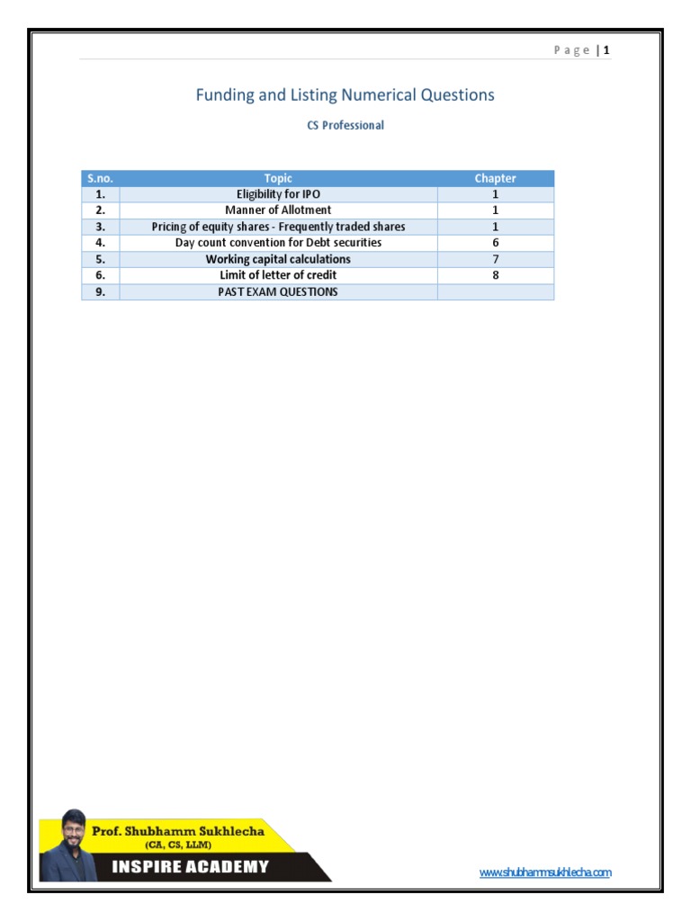 Funding and Listing Numerical Questions: S.no. Topic | PDF | Stocks ...