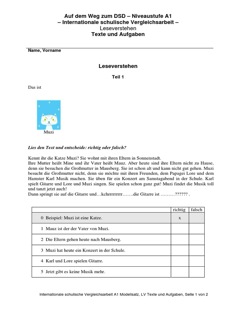 Vergleichsarbeit A1 Modellsatz, LV Texte Und Aufgaben | PDF