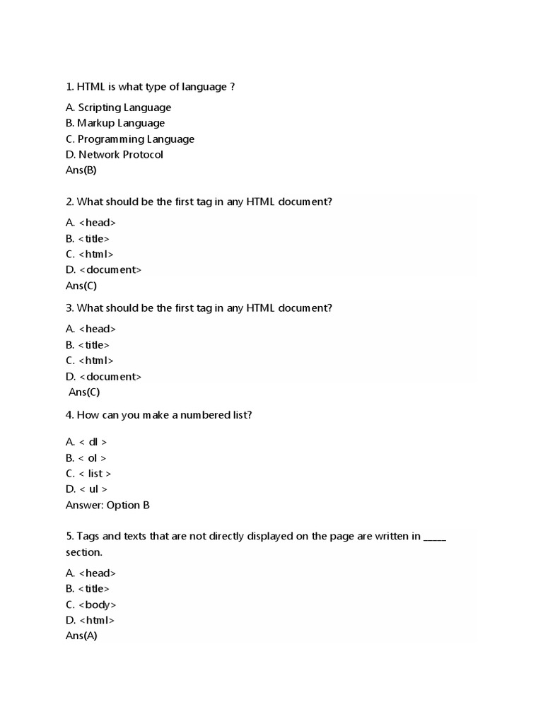HTML Quiz | Download Free PDF | Html Element | Html