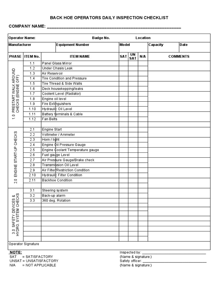 Backhoe Safety Inspection Checklist | Download Free PDF | Vehicles | Transport