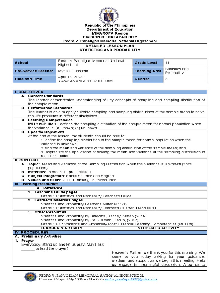 Lesson Plan Myca Lacerna April 13 | PDF | Standard Deviation | Errors ...