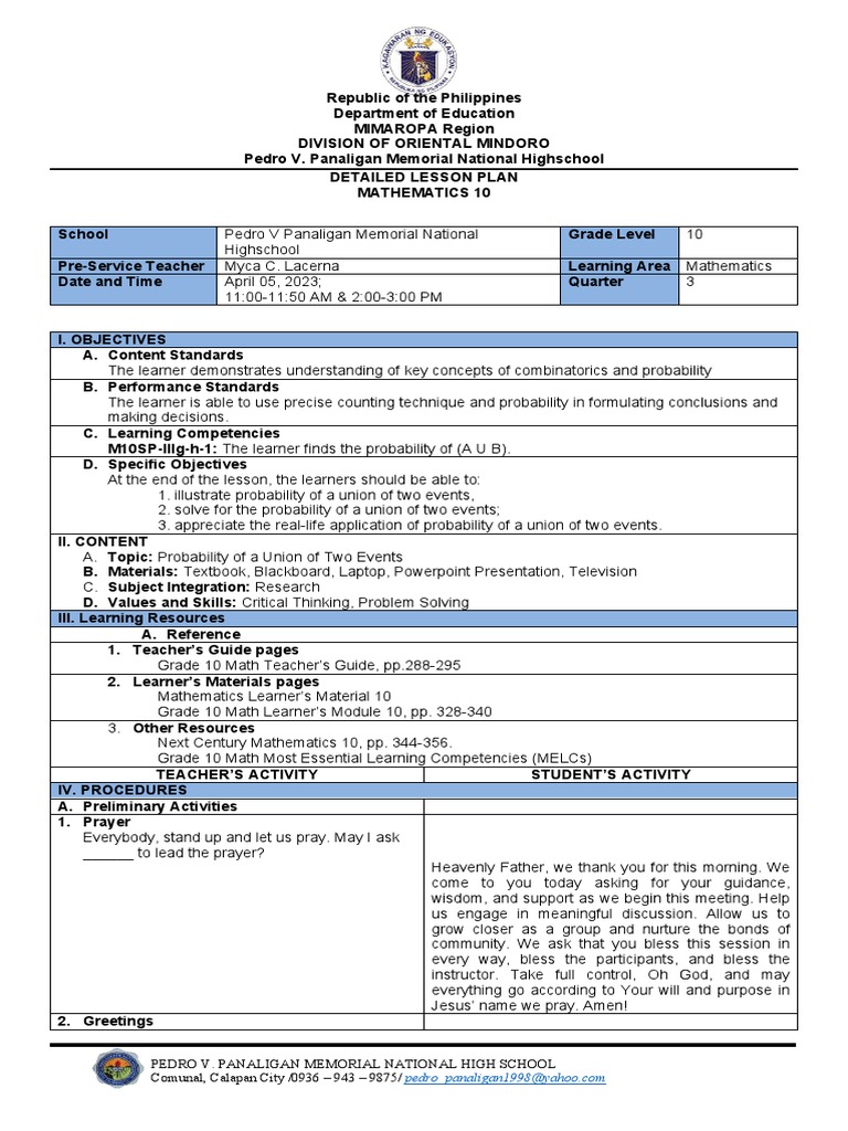Lesson Plan Myca Lacerna April 5 | PDF | Learning | Mathematics