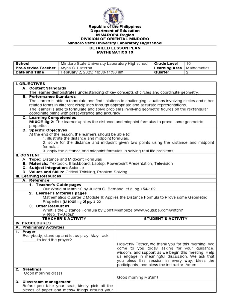 Lesson Plan Myca Lacerna Doc Gary | PDF | Tangent | Circle