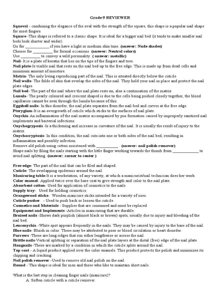 Grade 9 Review | PDF | Nail (Anatomy) | Integumentary System