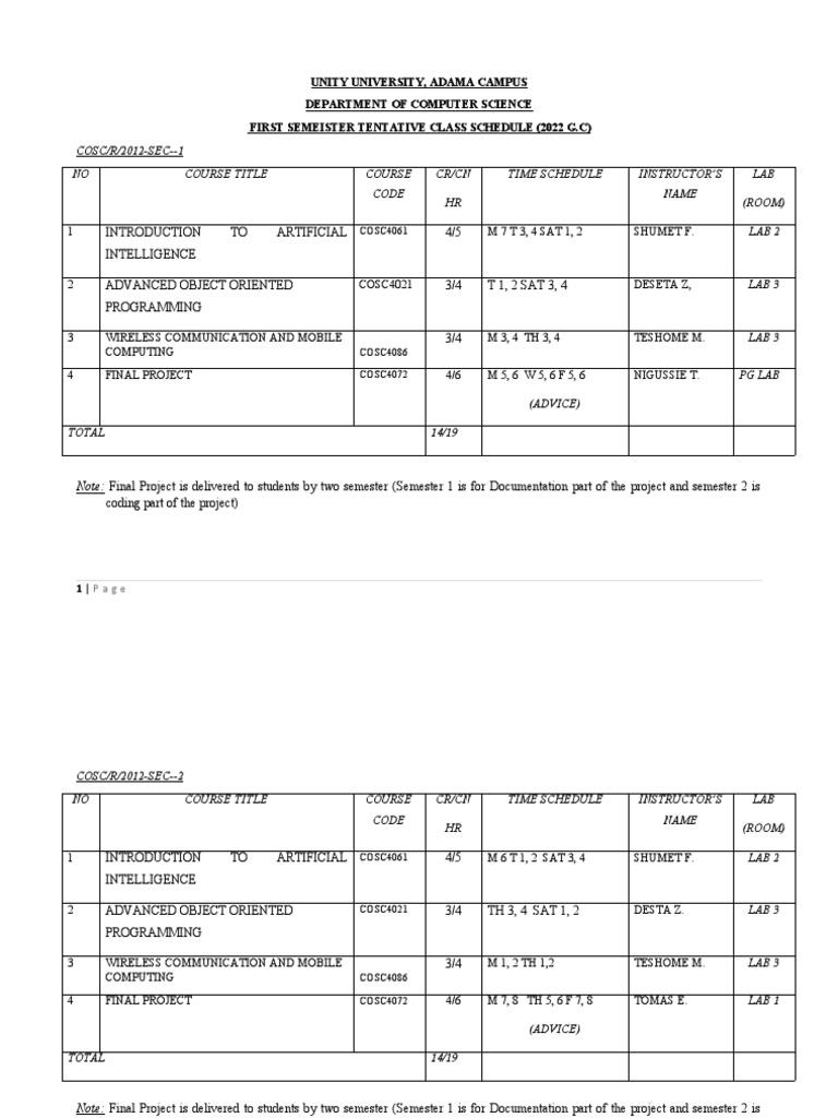 Cosc 2022 (First Semester) - Class Schedule-New (Current) | PDF | Mathematics | Computing