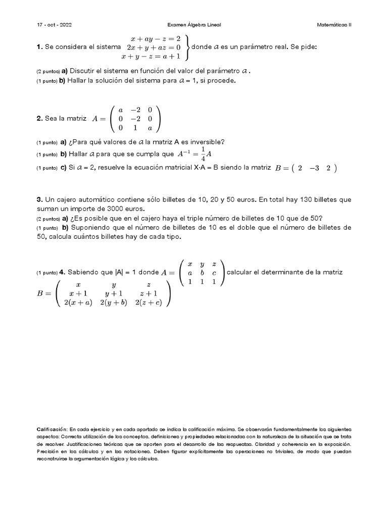 Examen Álgebra Lineal 2022 | PDF | Métodos y materiales de enseñanza