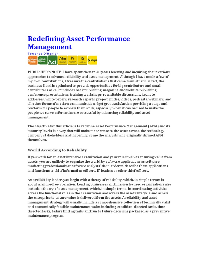 Art. 2.2 Redefining Asset Performance Management | PDF | Reliability ...