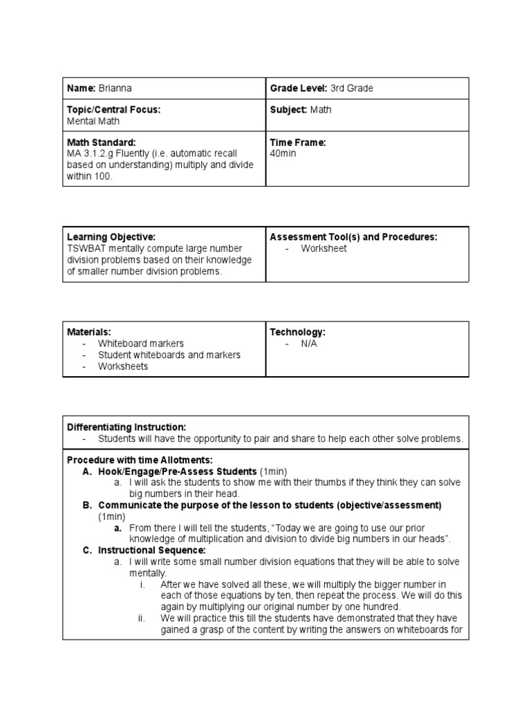Mental Math Lesson Plan 3rd Grade With Worksheet | PDF