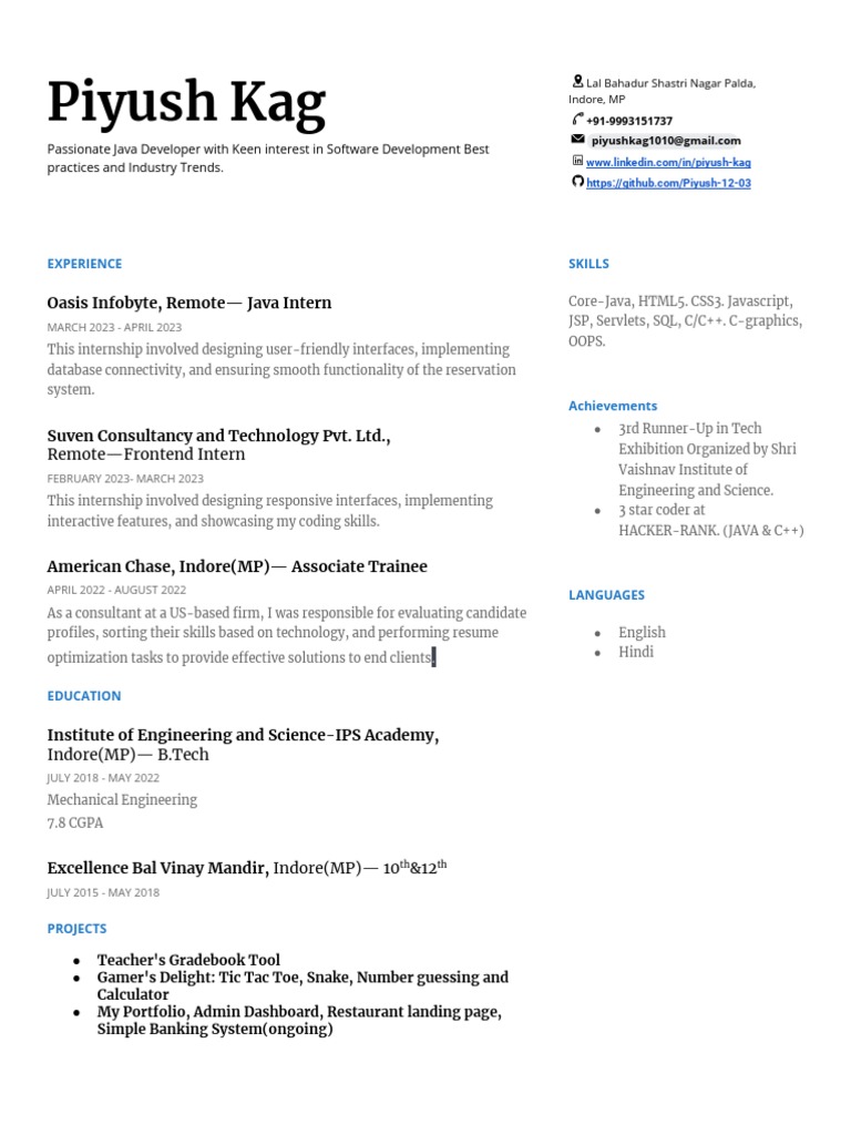Piyush Kag: Oasis Infobyte, Remote - Java Intern | PDF | Software Development | Information ...